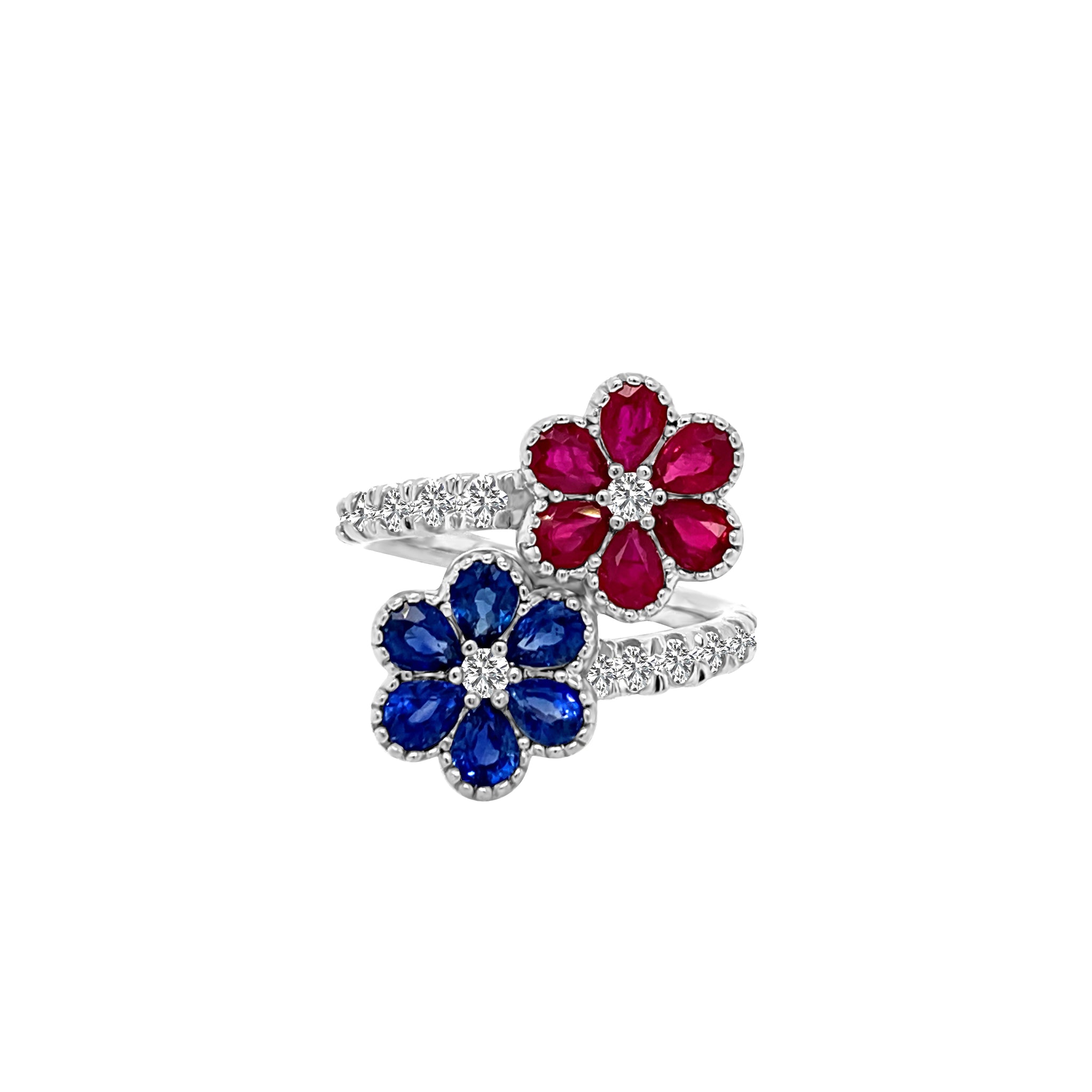 Double Flower Ruby, Sapphire & Diamond Ring in 14K Gold